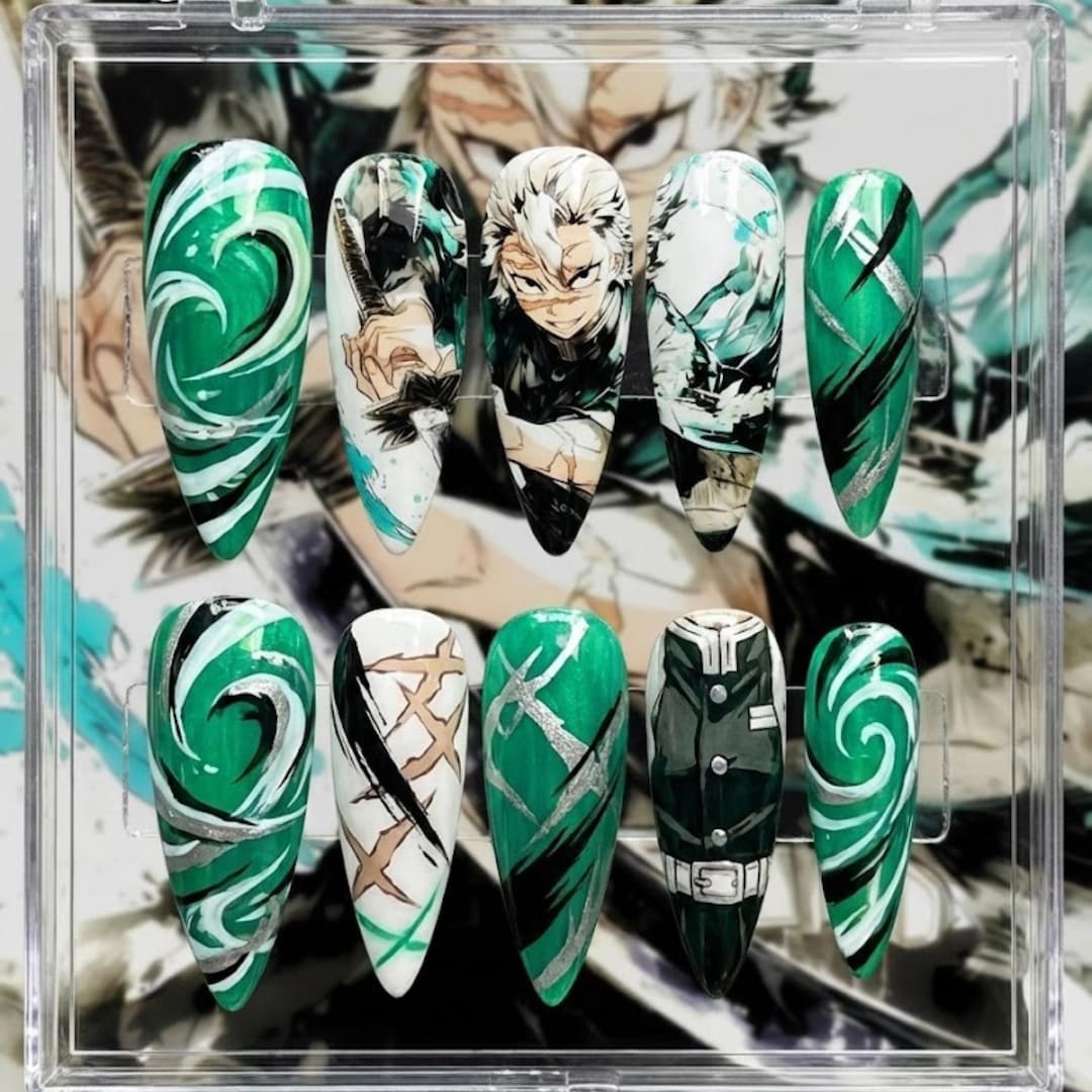Anime Press on Nails | Demon Slayer Sanemi | Green Stiletto Nails ...