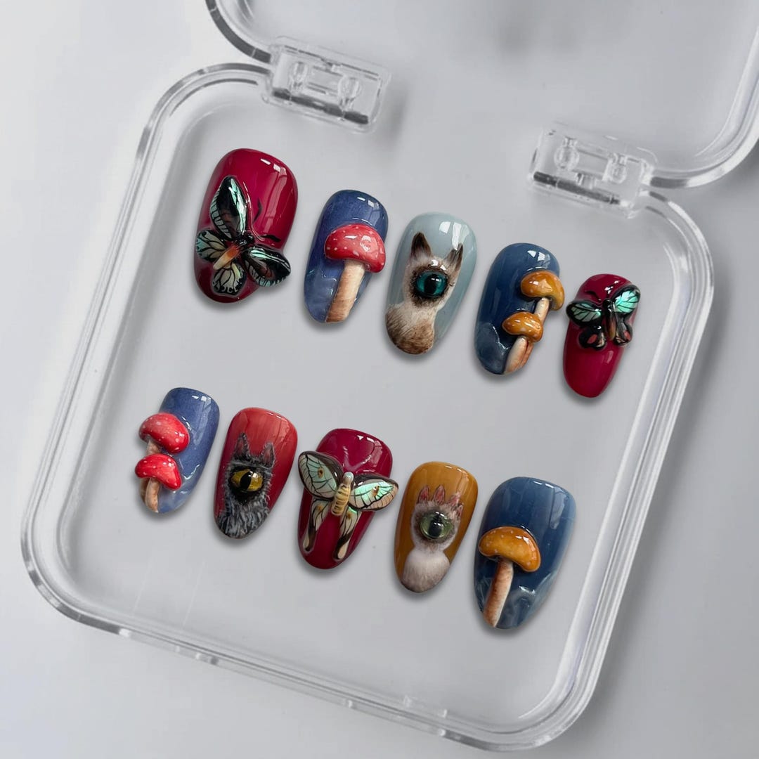 Dark Cottagecore Press on Nails | 3D Mushroom Moth Cat Eye Surreal Set ...