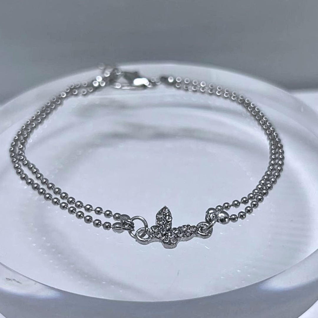 Butterfly Charm Double Ball Chain Bracelet, Silver Tone Adjustable ...