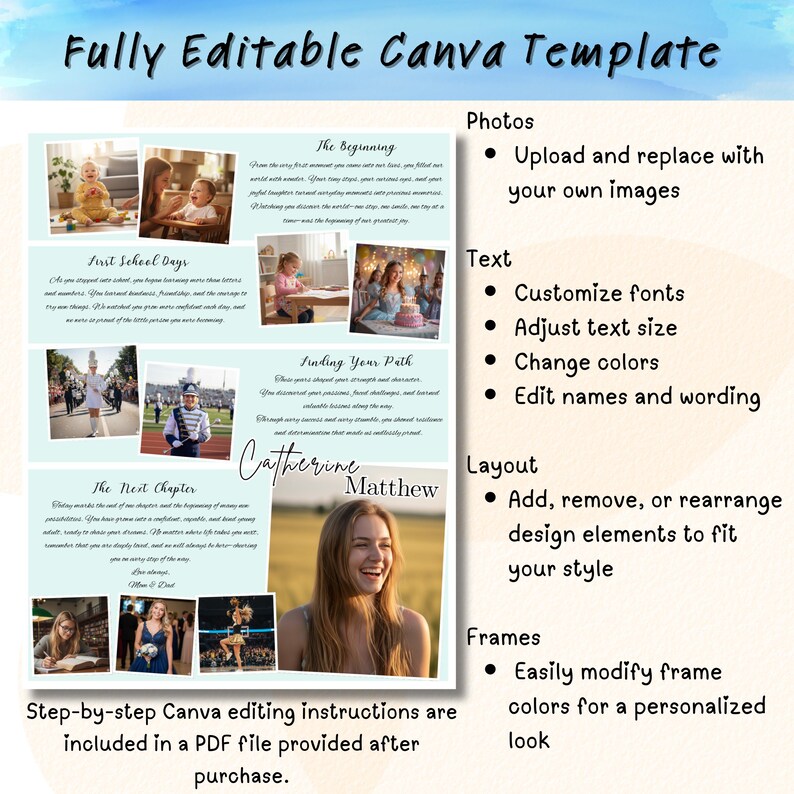 Full Size Senior Yearbook Template for Daughter | Editable Canva ...