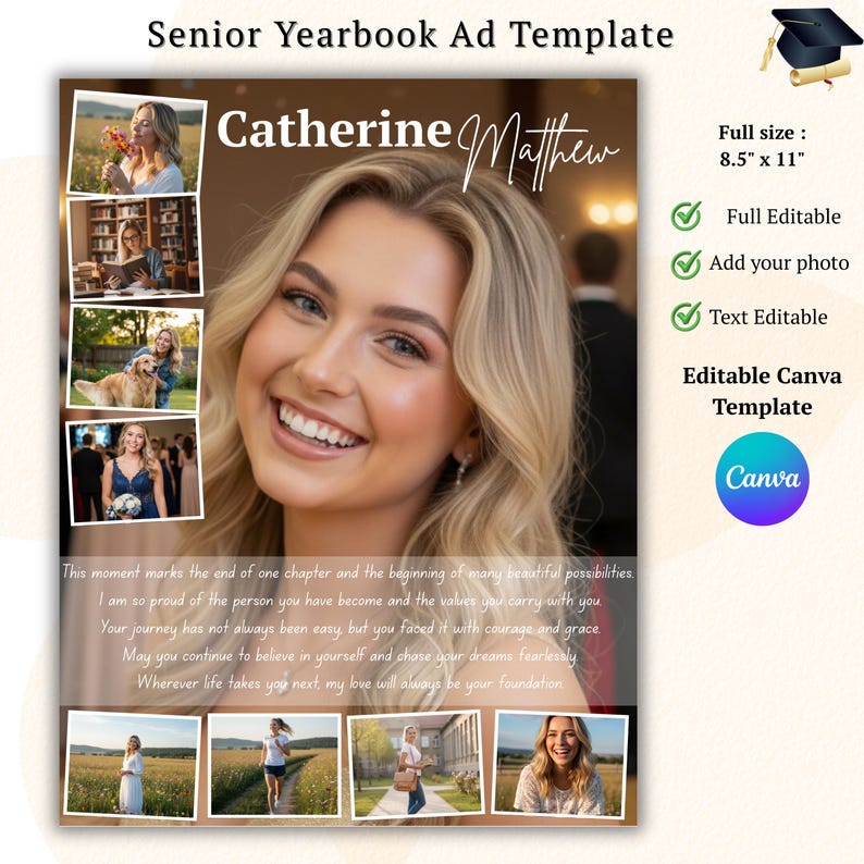 Full Size Senior Yearbook Template for Daughter | Editable Canva ...