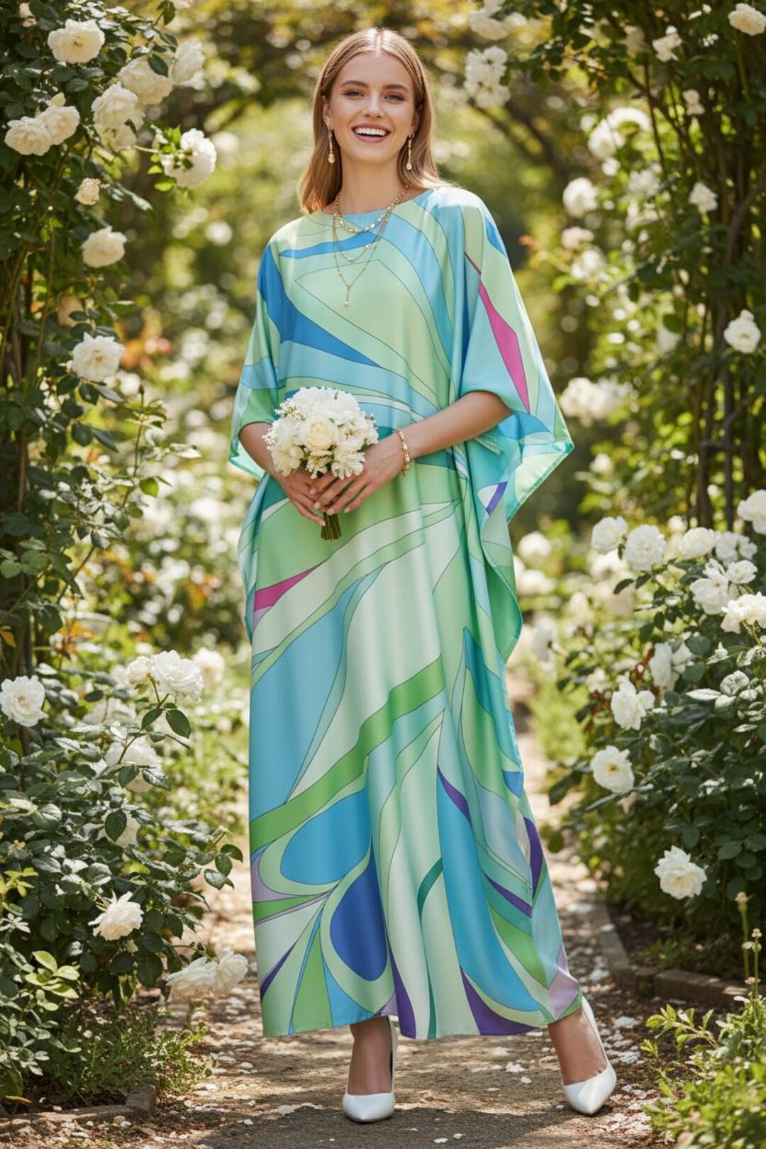 Sea Blue Wedding Dress for Guest : Vintage Kafta for Women, Silk Blend ...