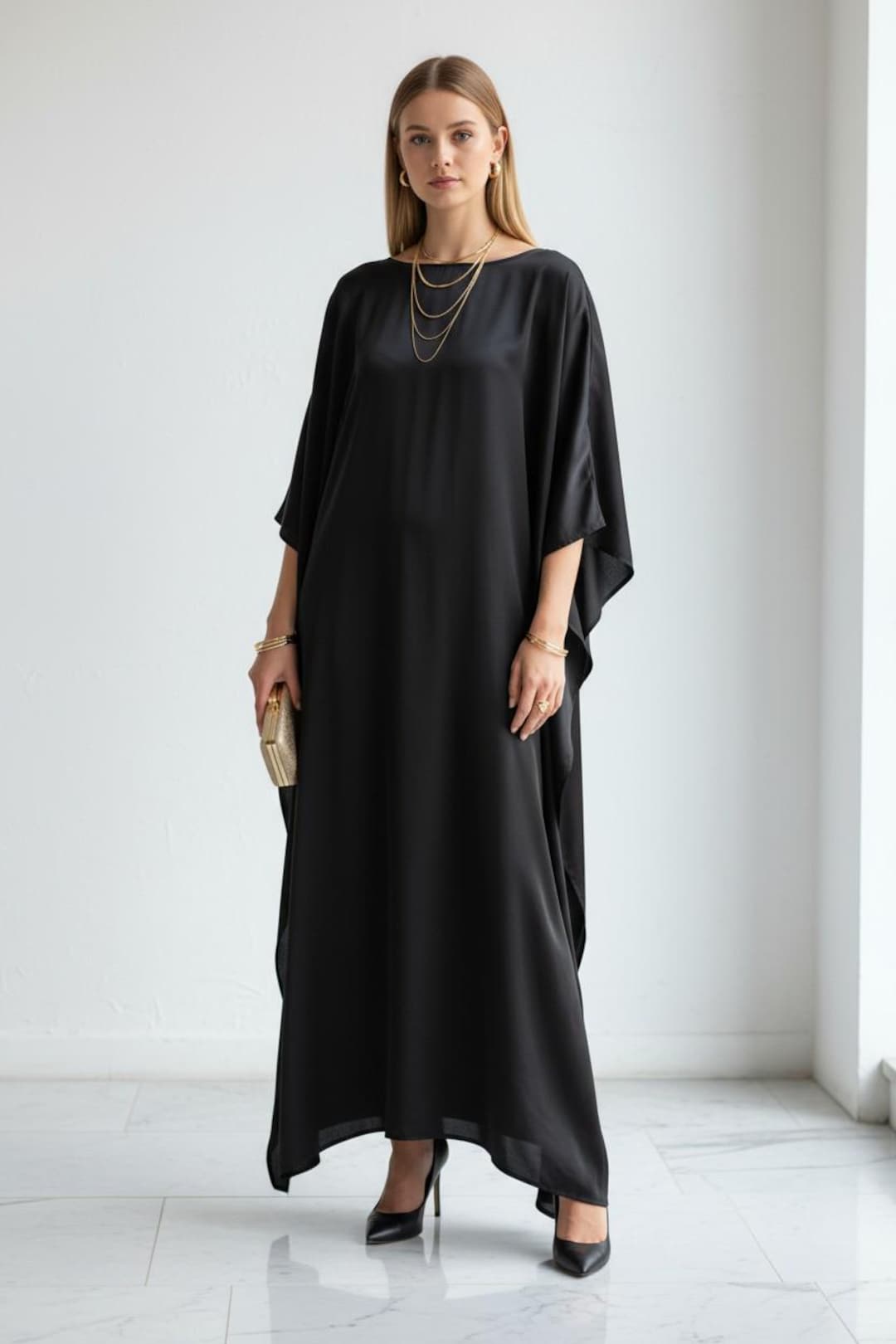 Silk Kaftan Black Dress, Black Kaftan Full Length, Custom Made All Size ...