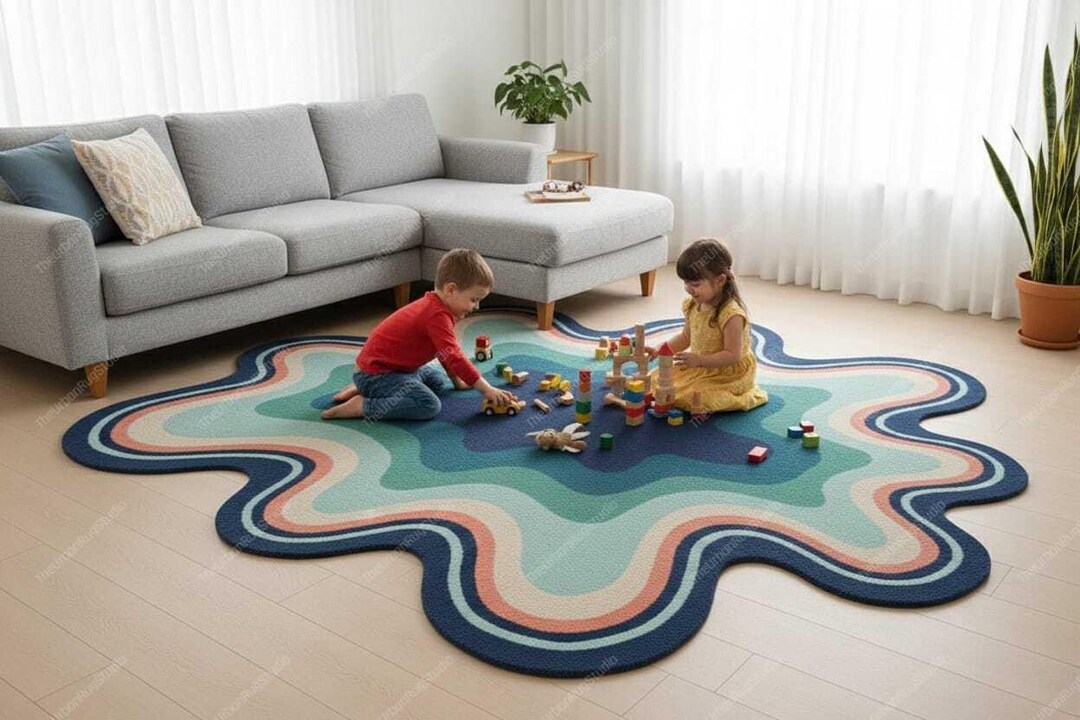 Abstract Blob Rug | Modern Teal, Coral Irregular Carpet - Etsy