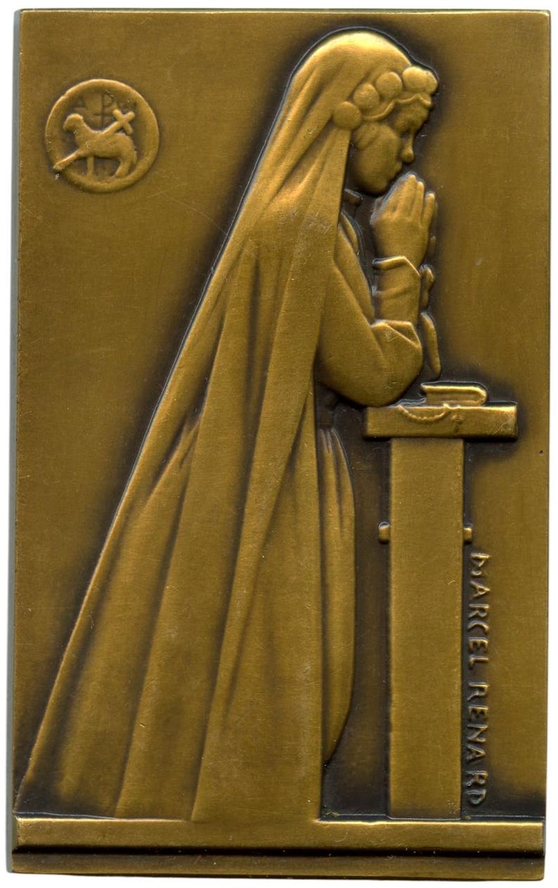 Antique Bronze Medal "communiante" Praying Woman French Religious ...