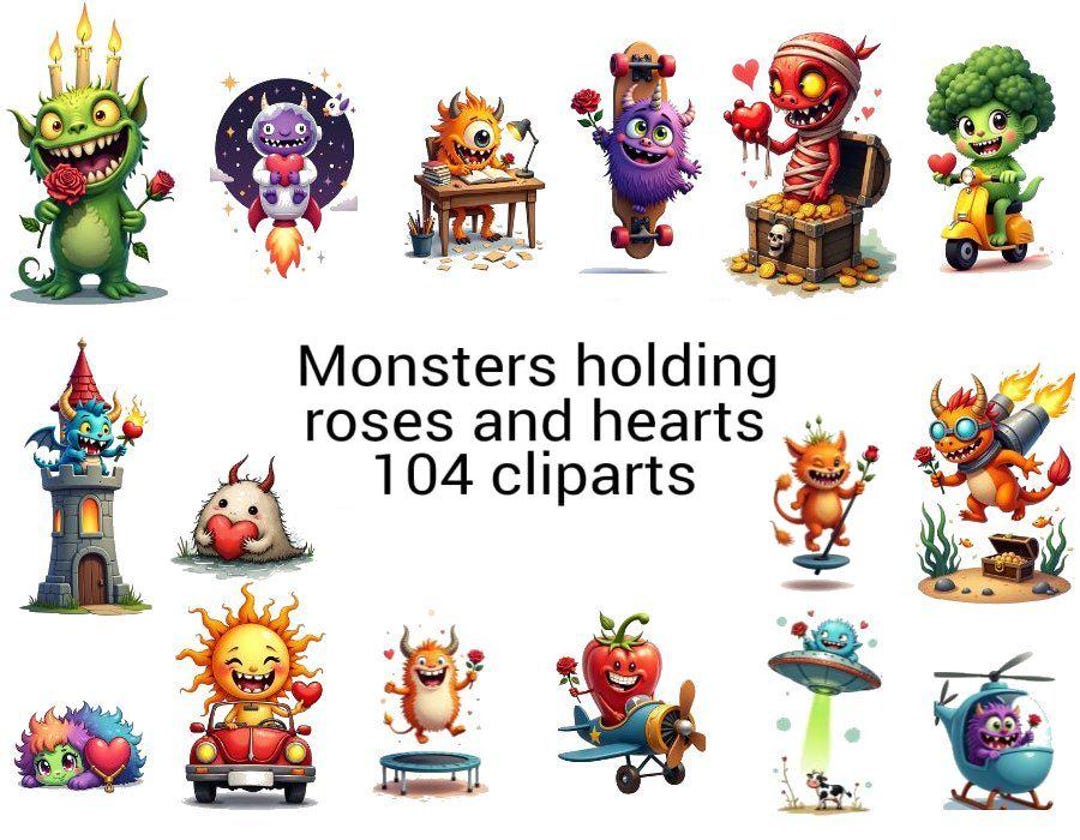 Valentine Monster Clipart | Watercolor Hearts & Roses (digital Download ...