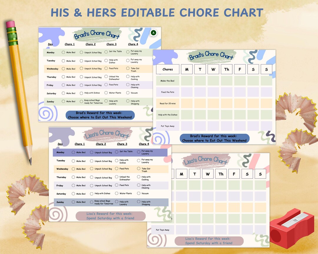 His & Hers Editable Chore Charts | Daily Children Habit Tracker ...