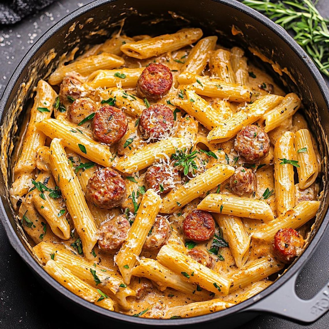 One Pot Creamy Cajun Sausage Pasta Printable Recipe | Spicy Cheesy ...