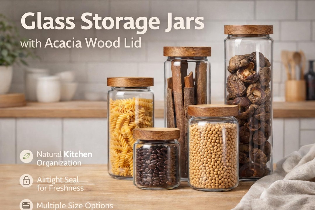 Glass Storage Jars With Acacia Wood Lid | Airtight Kitchen Pantry ...