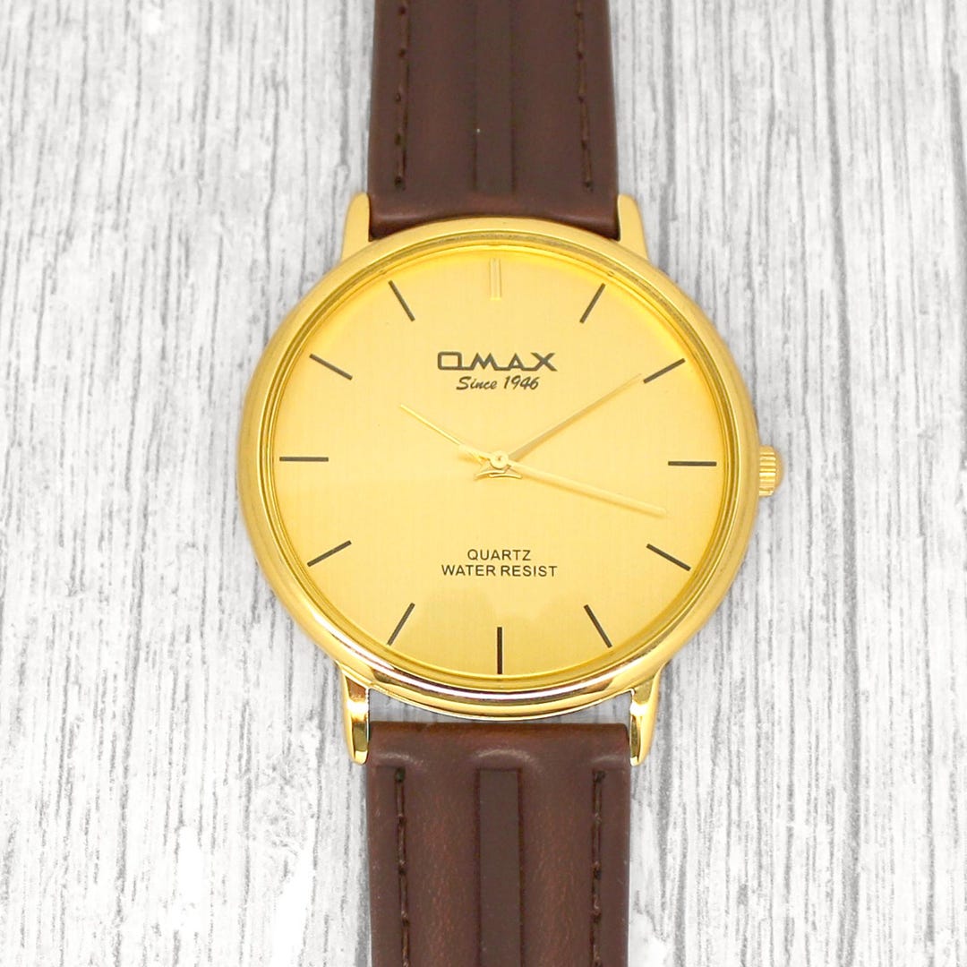 OMAX Gents Slim All Gold Watch: Leather Strap, Gift Pouch - Etsy