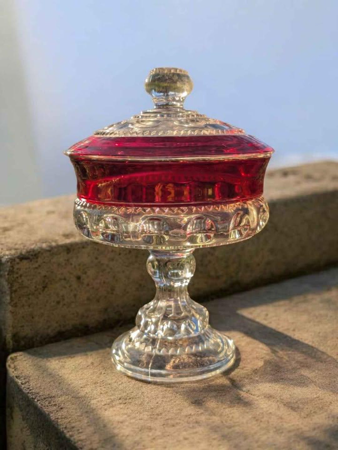 EAPG Ruby Stain Covered Compote – King’s Crown Style – Early 1900s ...