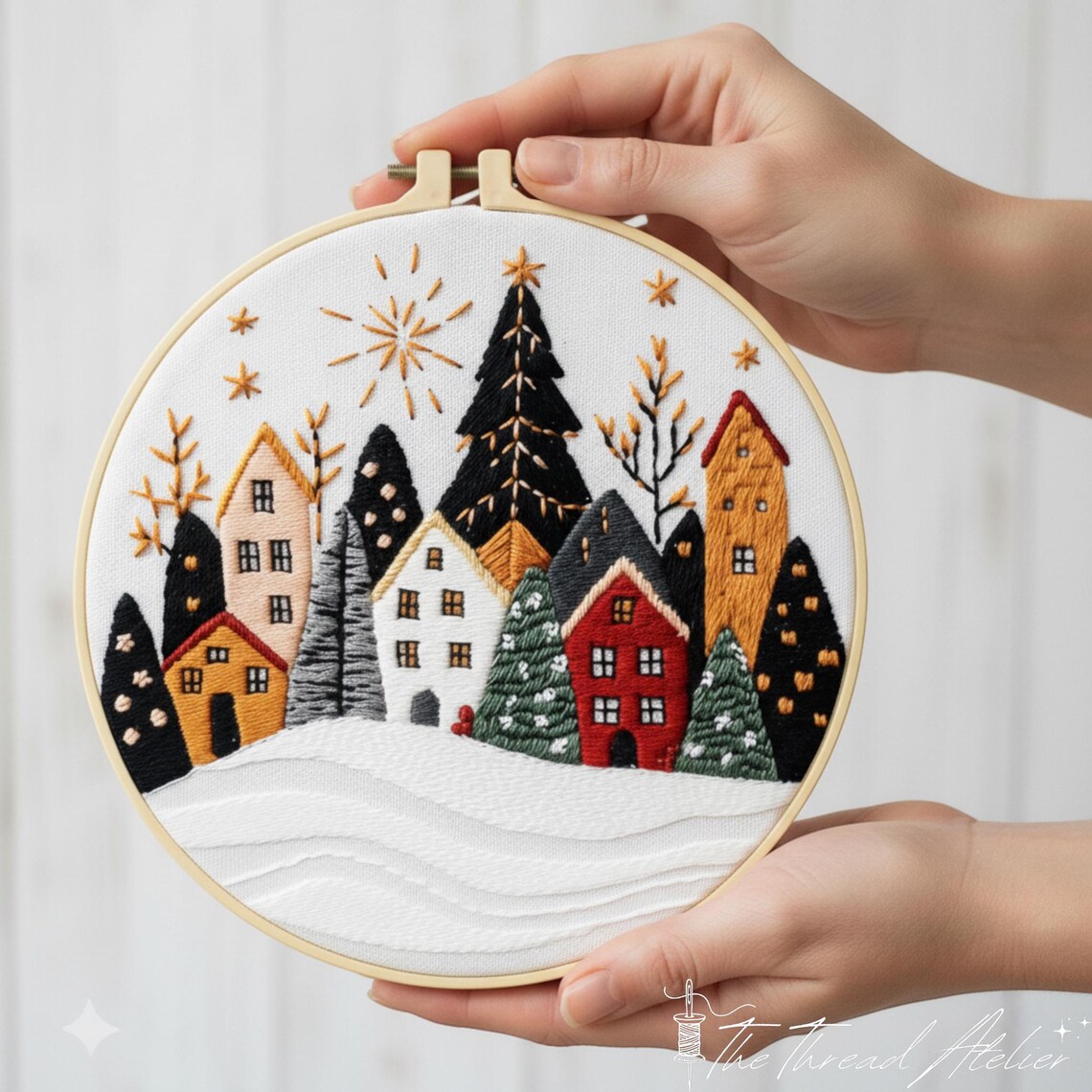 Winter Village Embroidery Kit for Beginners: Festive Snowy Houses Hoop ...