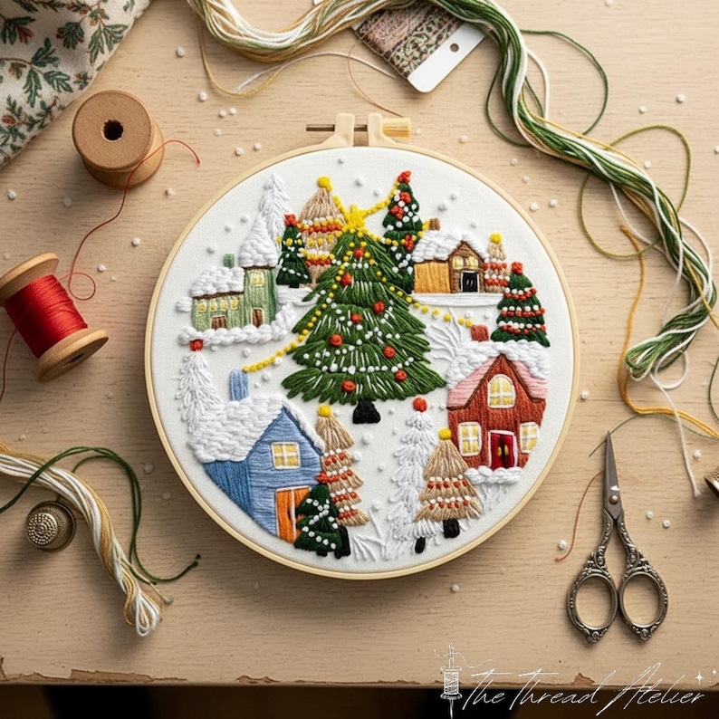 Christmas Village Embroidery Kit – Cozy Winter Town Hoop Art, Beginner ...