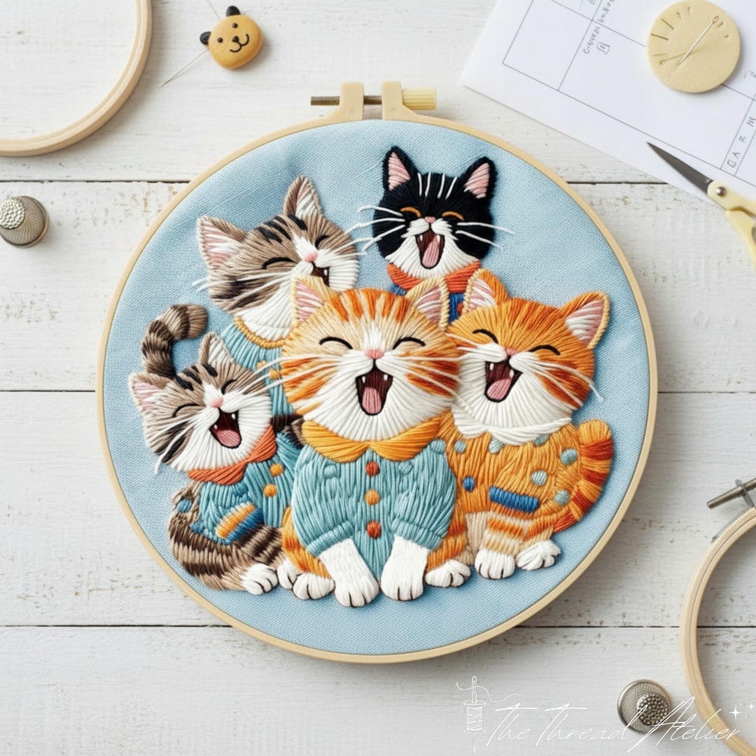 Happy Cats Embroidery Kit for Beginners: Whimsical Laughing Cats Hoop ...