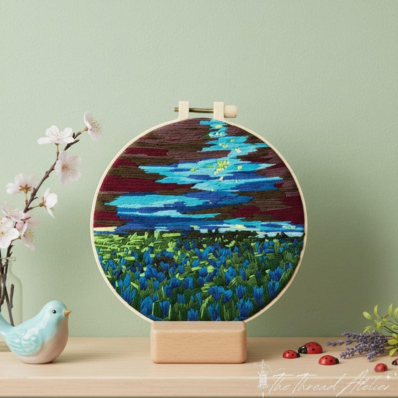 Wildflower Embroidery Kit for Beginners – Starry Night Landscape Hoop ...