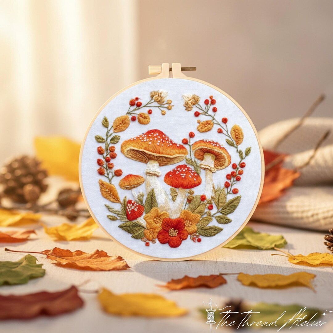 Autumn Woodland Mushroom Embroidery Kit – Fall Toadstool Hoop Art ...