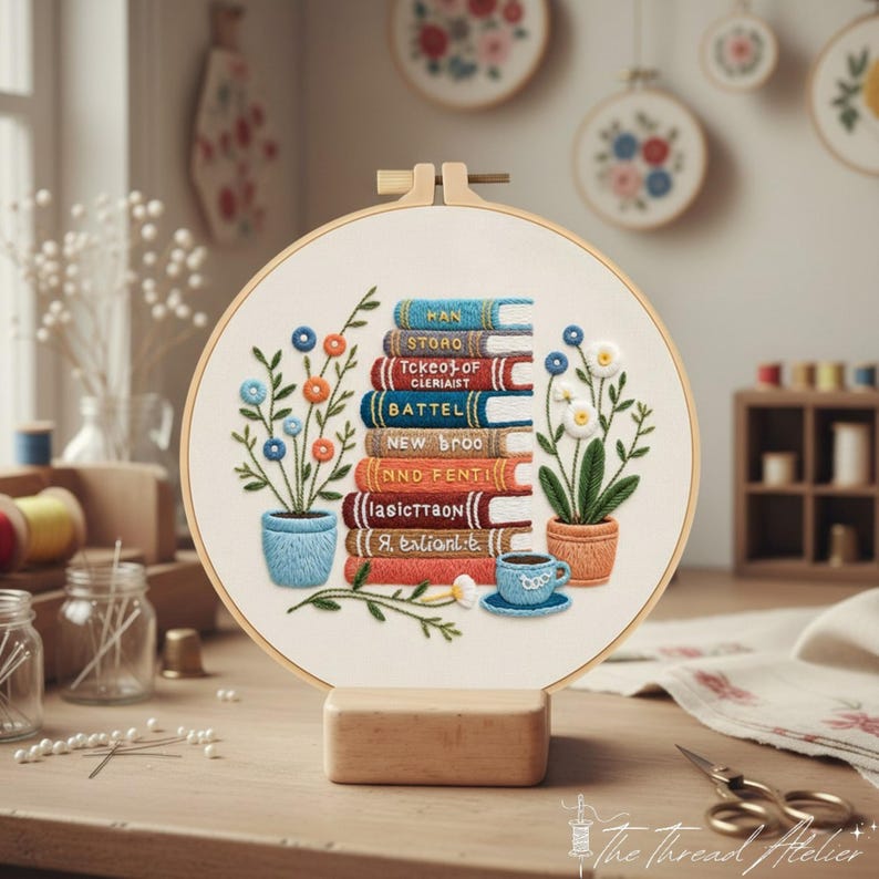 Book Stack & Floral Embroidery Kit for Beginners: Cozy Reading Nook ...