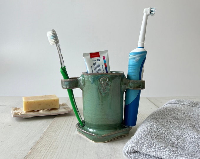 Green Ceramic Toothbrush Holder, Handmade Pottery, Electric Toothbrush ...