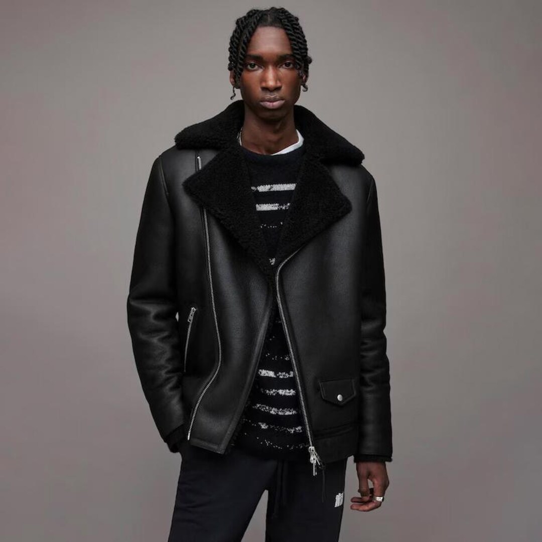 Men's B3 Bomber Jacket Black Shearling Aviator Coat | Real Sheepskin ...