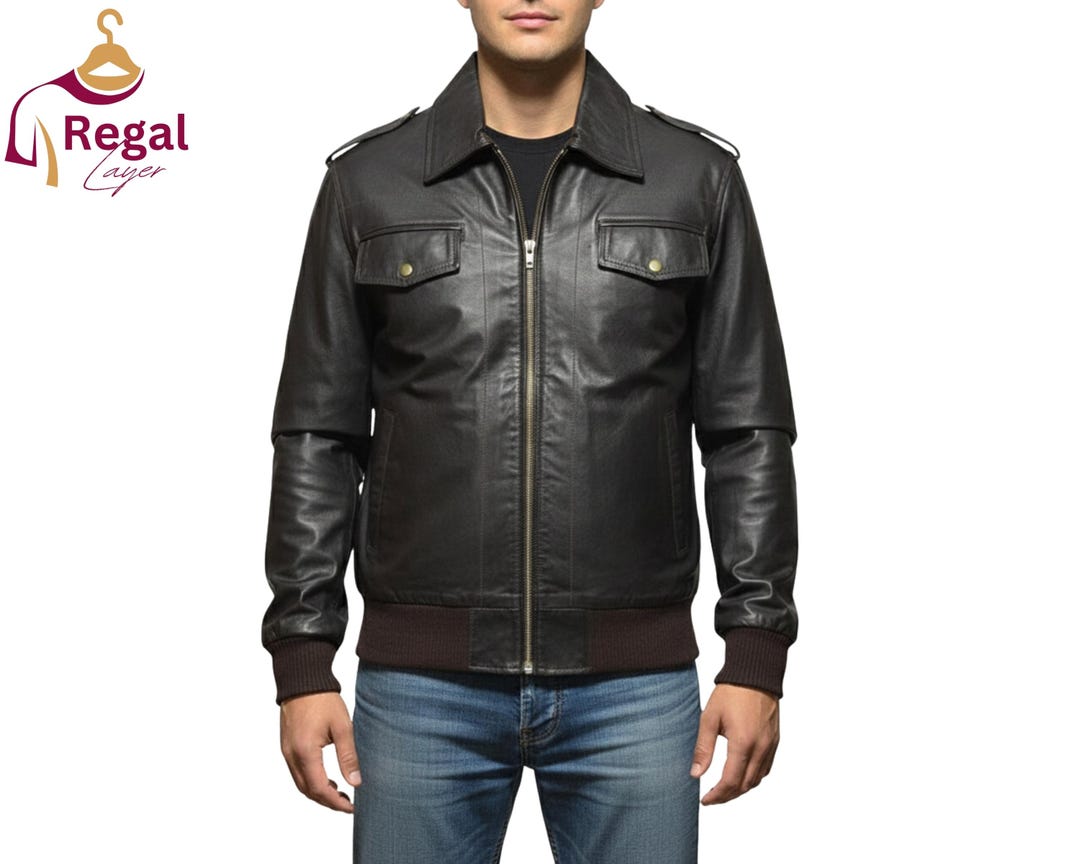 Mens Dark Brown Genuine Leather Bomber Jacket Slim Fit Flight Pilot ...