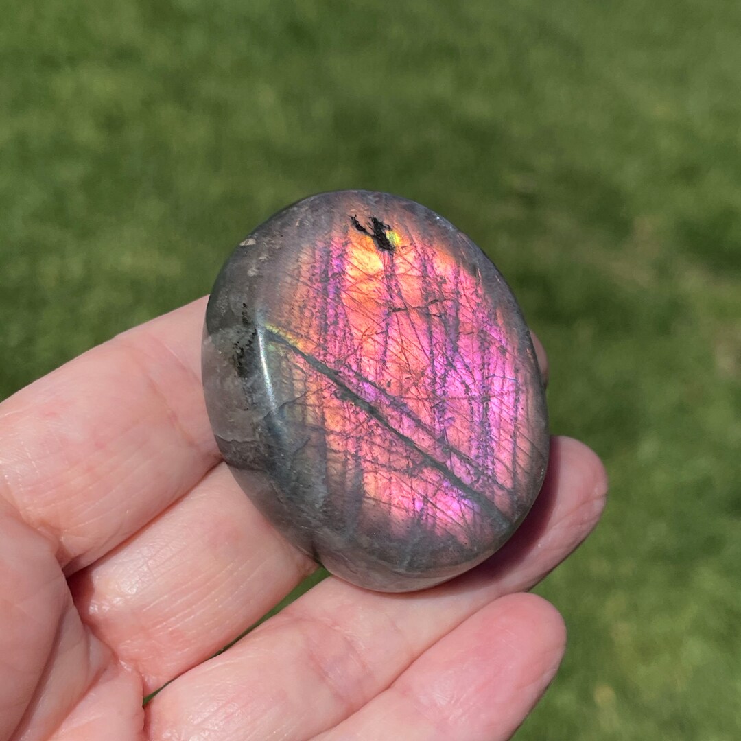 Sunset Flash Labradorite Palm Stone, Flashy Crystals, Pink Orange ...