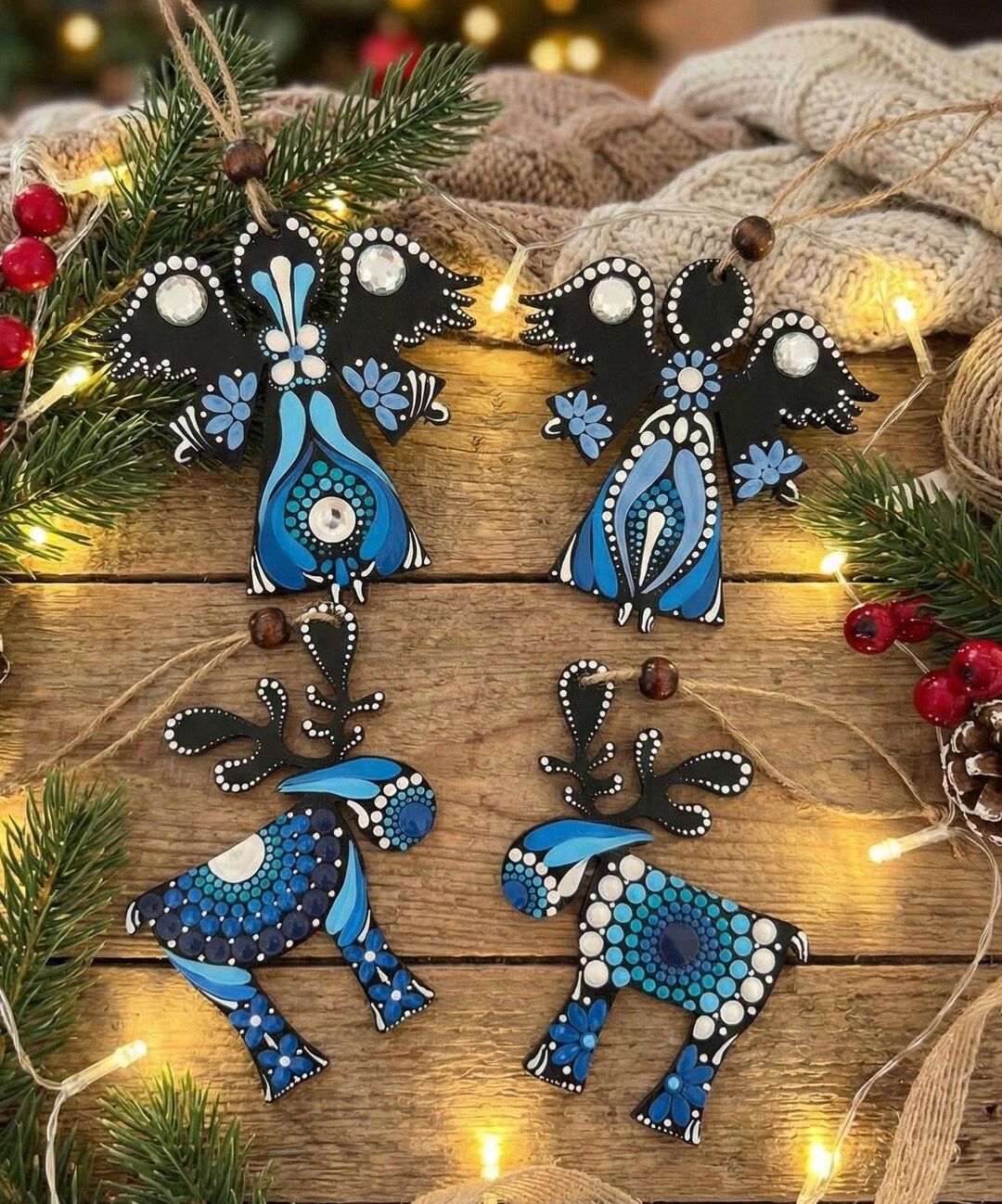 Unique Angel & Reindeer Figures Handmade Dot Mandala Christmas Ornament ...