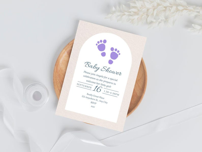 Editable Girl Baby Shower Invitation Template, Boho Footprint Card ...