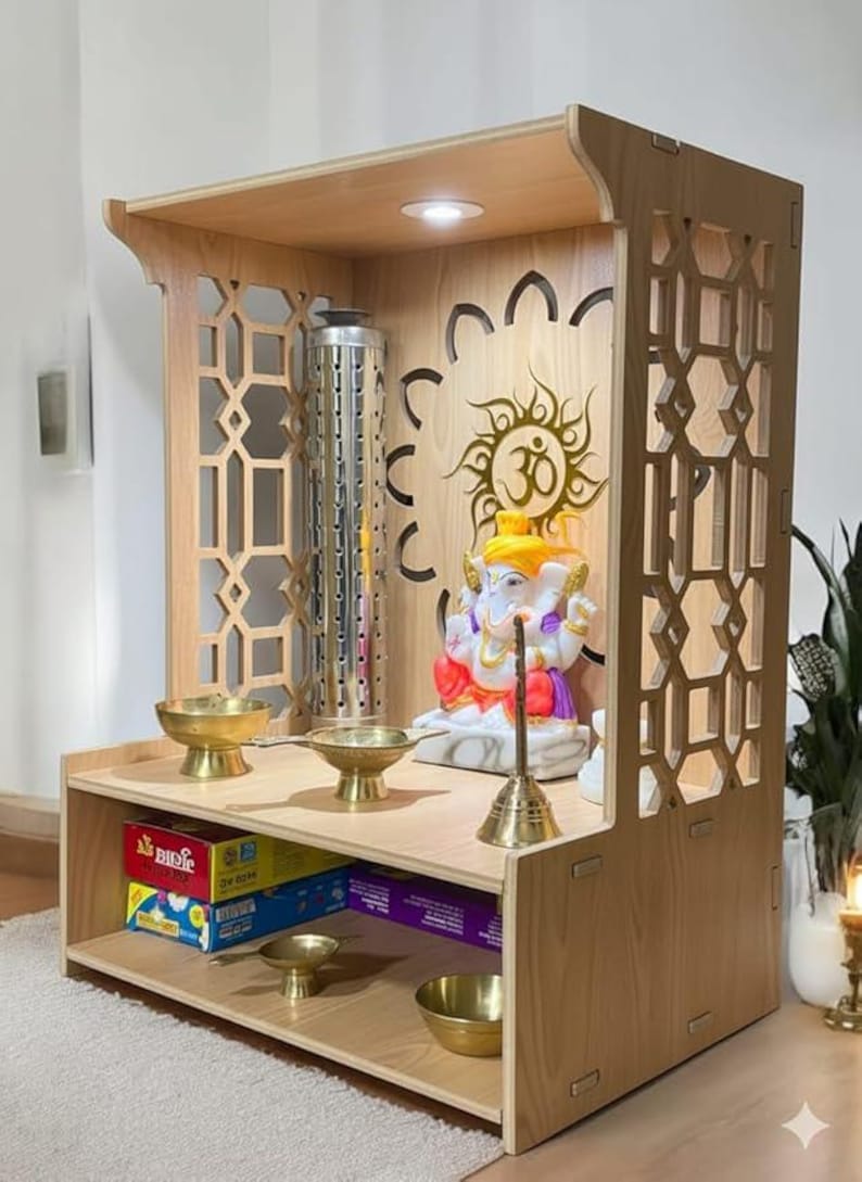 LED Wooden Pooja Mandir: Wall Mounted Home Temple With Shelves - Etsy