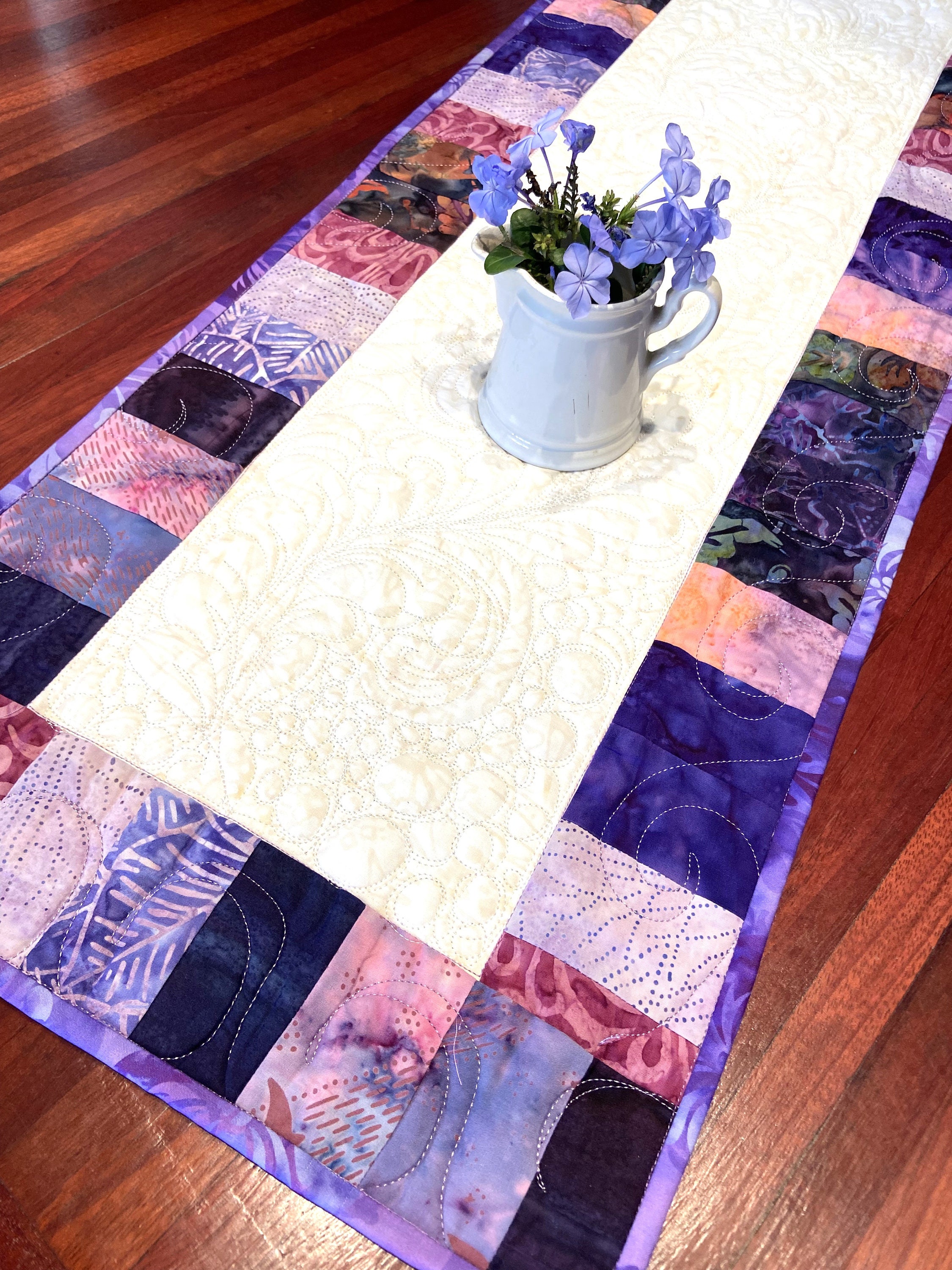 Batik Table Runner, Handmade, Quilted, Purples/ Lavenders/ Cream ...
