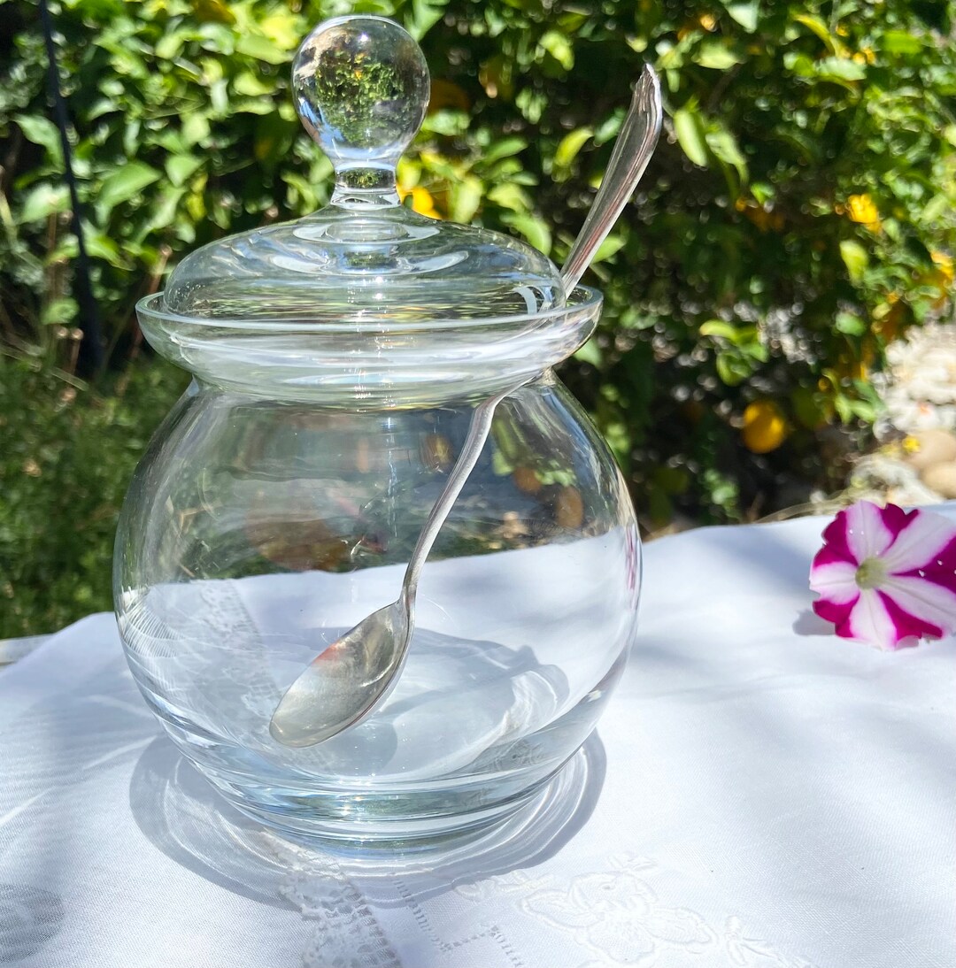 Vintage Jampot, Glass Jam Jar and Vintage Silverplate Spoon, Sugar ...