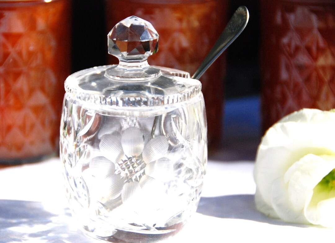 Vintage Crystal Jam Pot/sugar and Spoon Cut Glass Bridal - Etsy