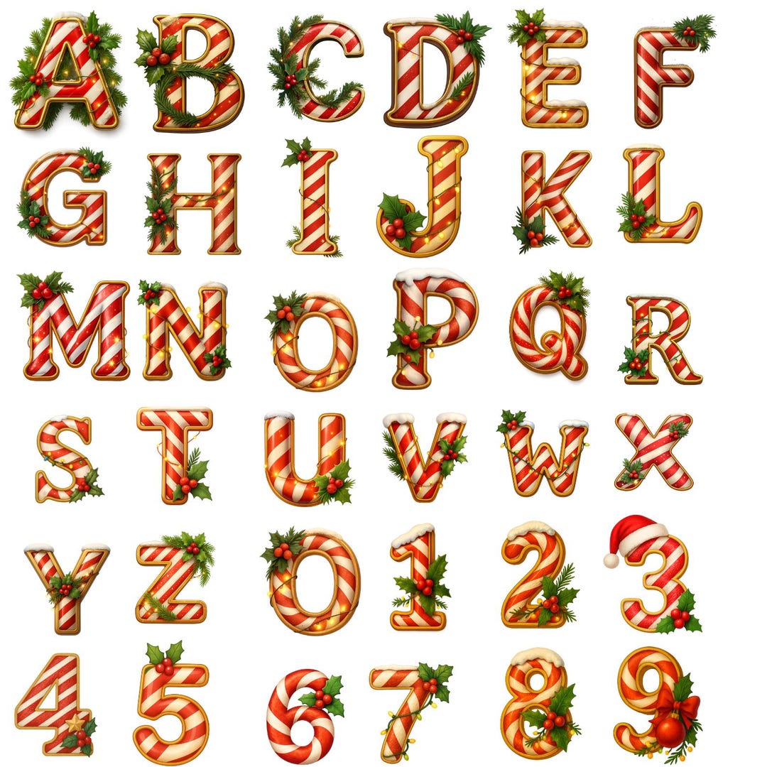 Christmas Alphabet and Numbers PNG Festive Font Letters Clipart ...
