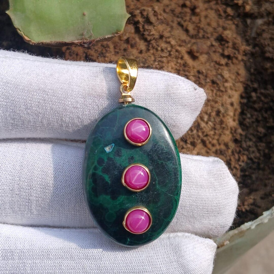 Handmade Gold Plated Malachite Pendant With Pink Star Sapphire - Etsy
