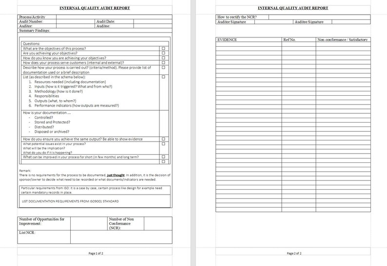 Internal Audit Report Template DOCX | ISO 9001 Process Audit Checklist ...