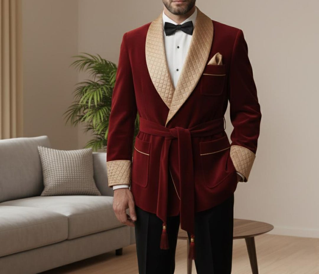Peignoir en velours bordeaux : Peignoir matelassé à revers pour homme ...
