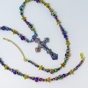Rainbow Electroplate Crucifix Necklace W/ Gold Hematite Stars, Gold ...