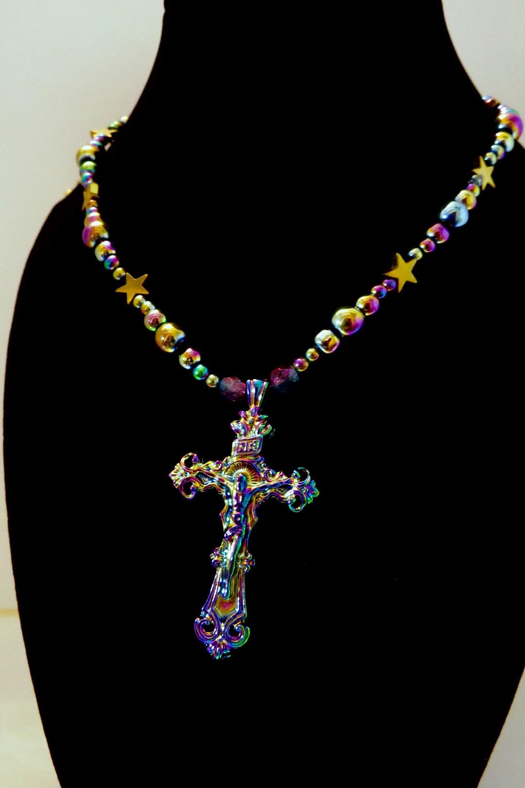 Rainbow Electroplate Crucifix Necklace W/ Gold Hematite Stars, Gold ...