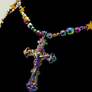 Rainbow Electroplate Crucifix Necklace W/ Gold Hematite Stars, Gold ...