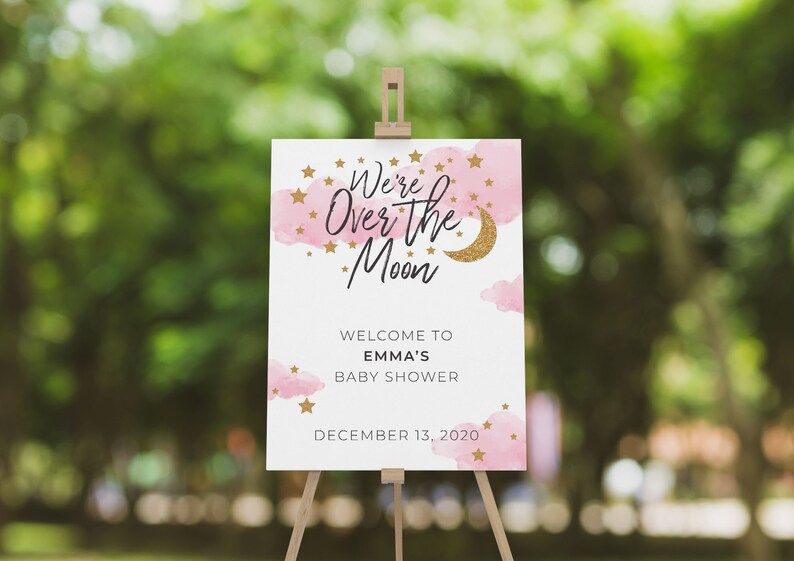 Over the Moon Baby Shower Welcome Sign, Over the Moon Welcome Sign Pink ...