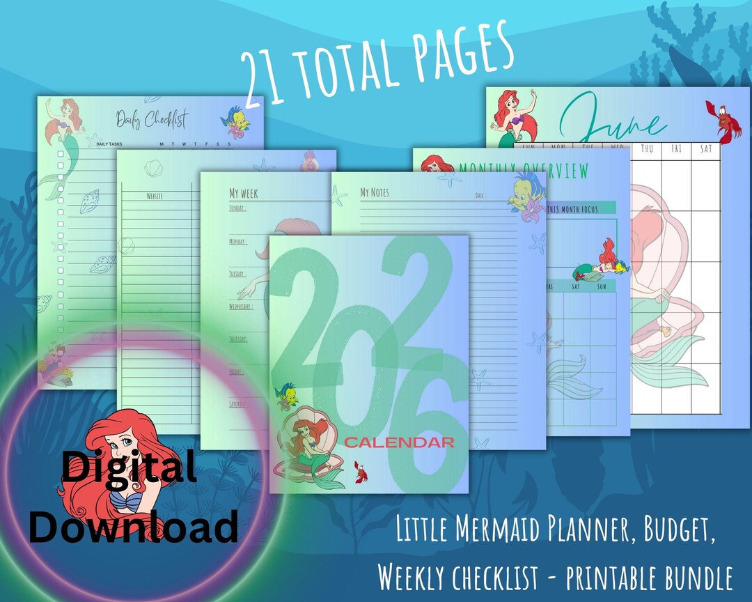 Ariel Little Mermaid Printable Planner, Monthly, Weekly, Daily Sheets ...