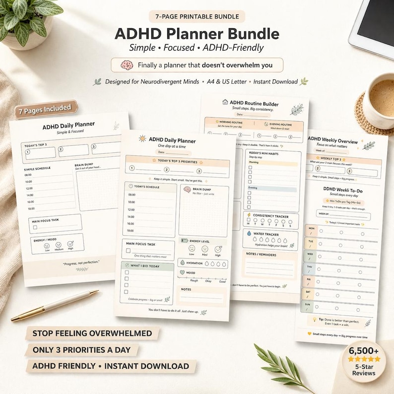 ADHD Planner Bundle Printable | Daily, Weekly & Routine Planner | ADHD ...