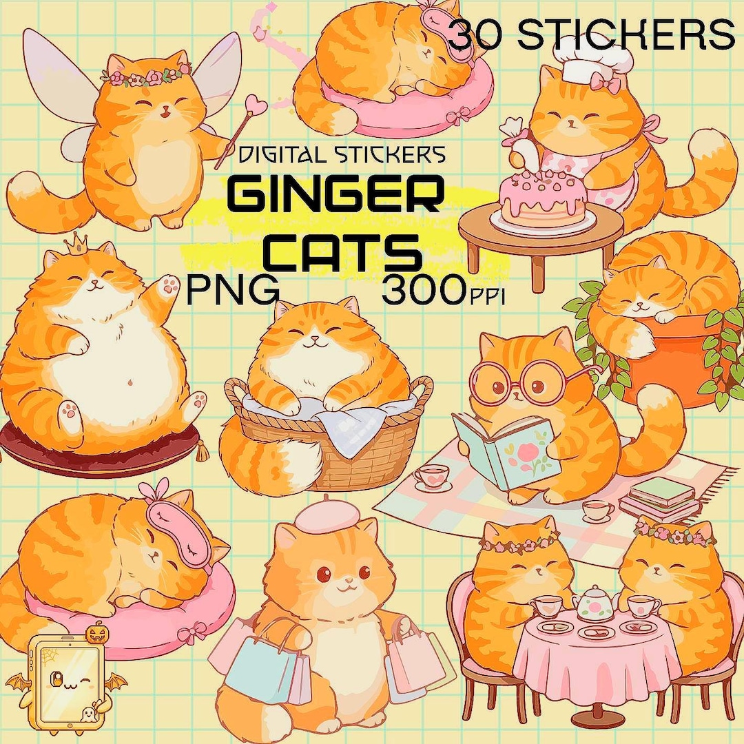 Ginger Cats Digital Sticker Pack – 30 PNG Stickers (300 DPI ...