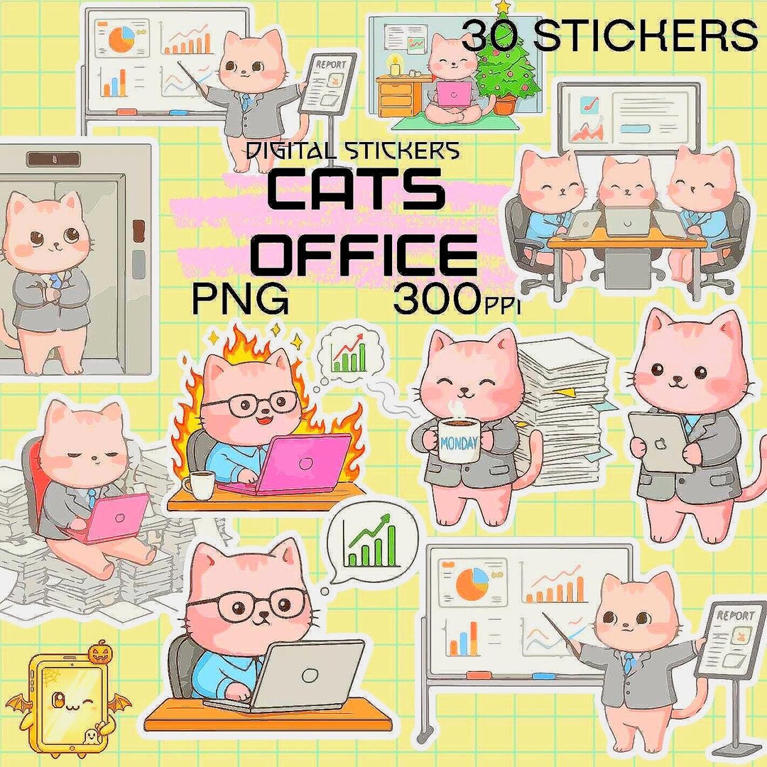 Office Cats Clipart | 30 PNG Funny Work From Home Stickers (digital ...