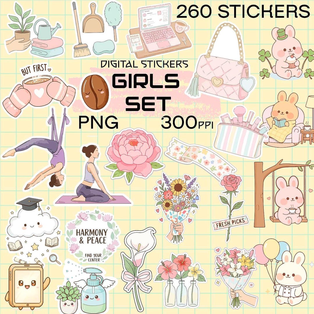 260 Cute Girls Aesthetic Stickers — Digital PNG Bundle | 300 DPI - Etsy