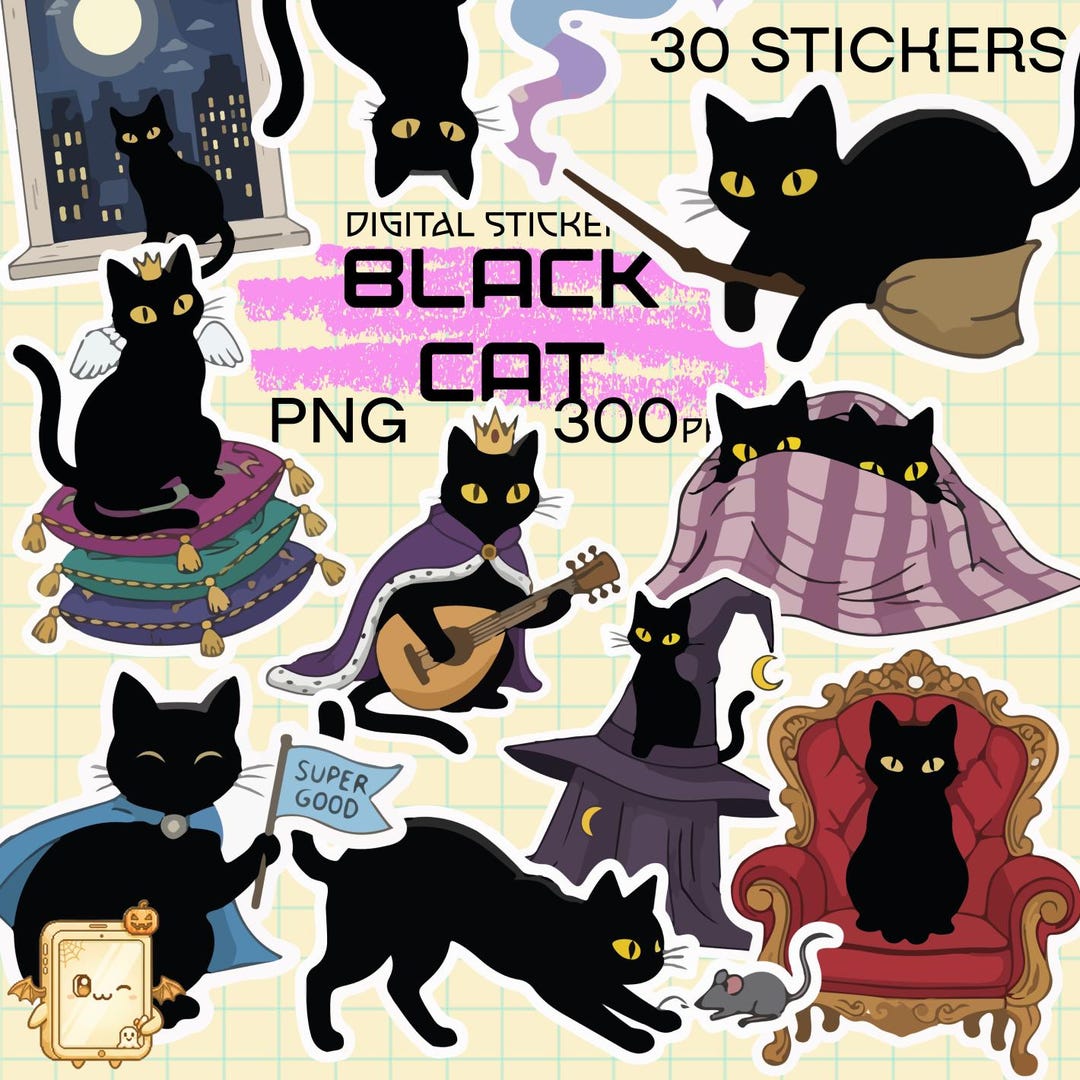 30 Cute Black Cat Digital Stickers – Black Cats PNG Bundle | 300 DPI ...