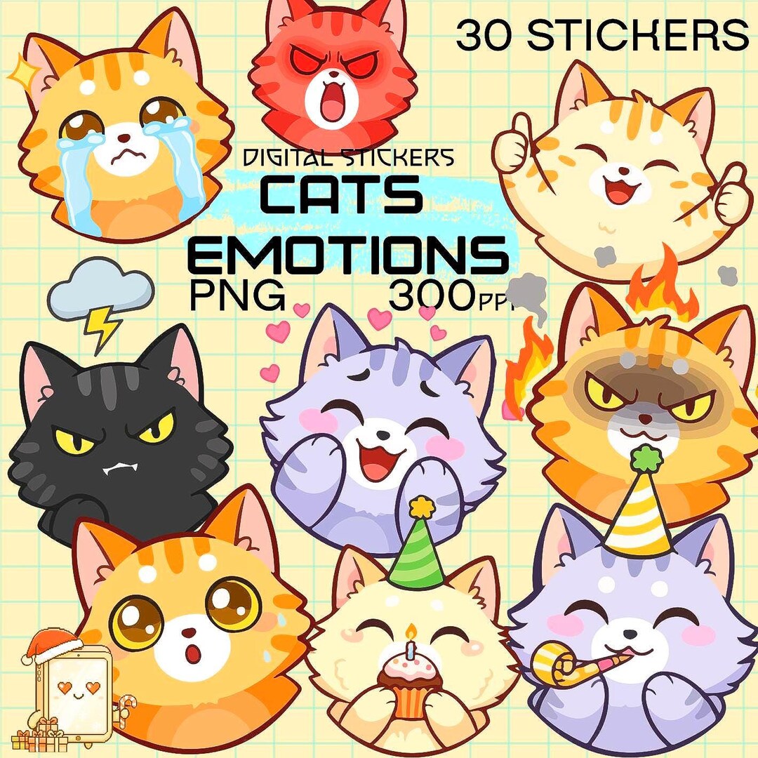 Cats Emotions – 30 Digital Stickers (PNG, 300 DPI, Transparent ...