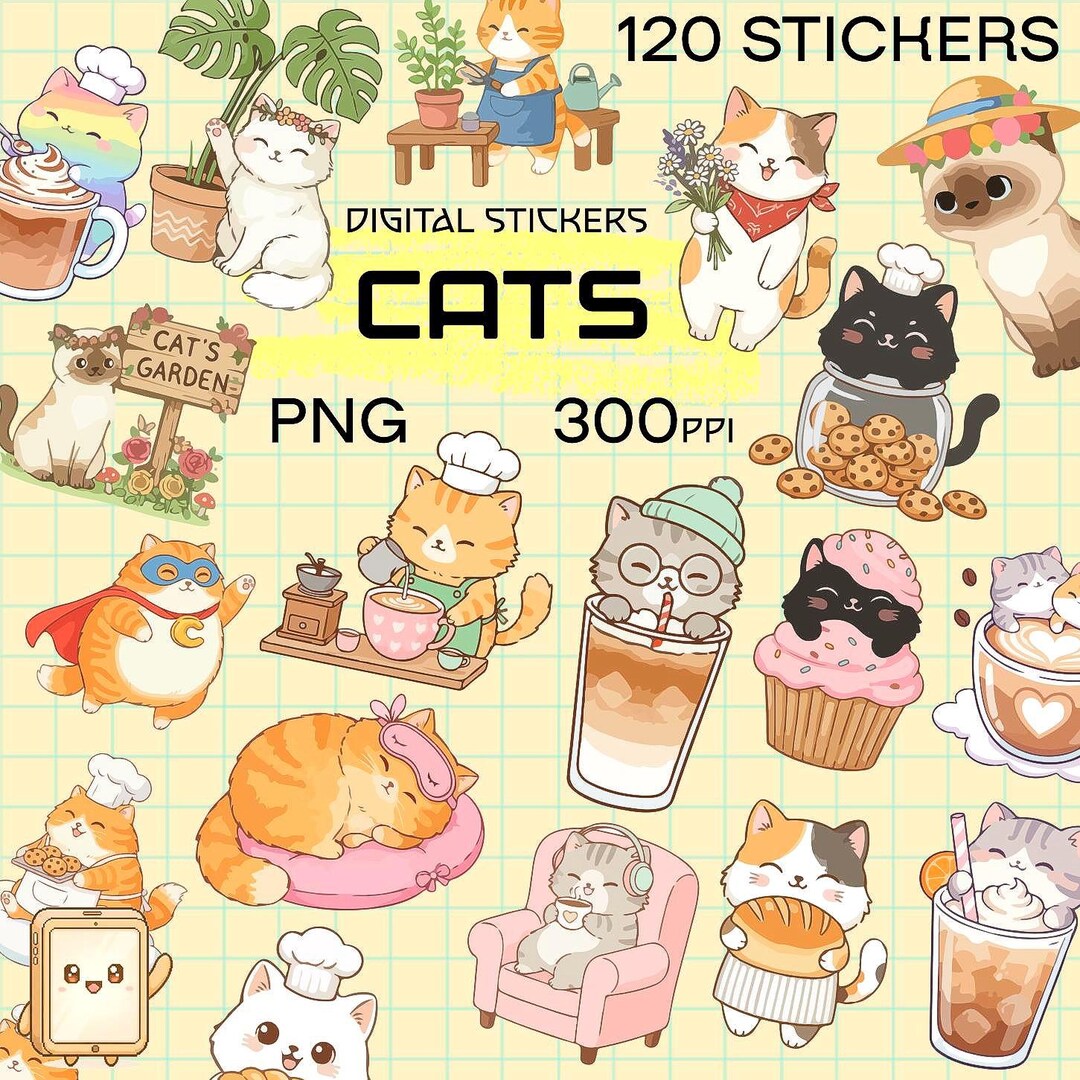 Cats Clipart – 120 PNG Digital Stickers Bundle (300 DPI) - Etsy
