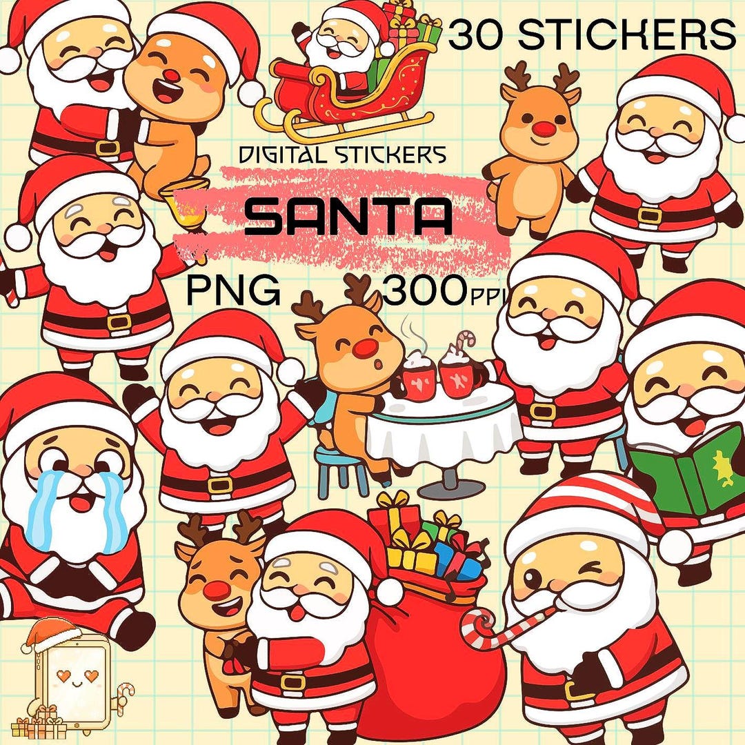 Santa – 30 Digital Stickers (PNG, 300 DPI, Transparent Background) - Etsy
