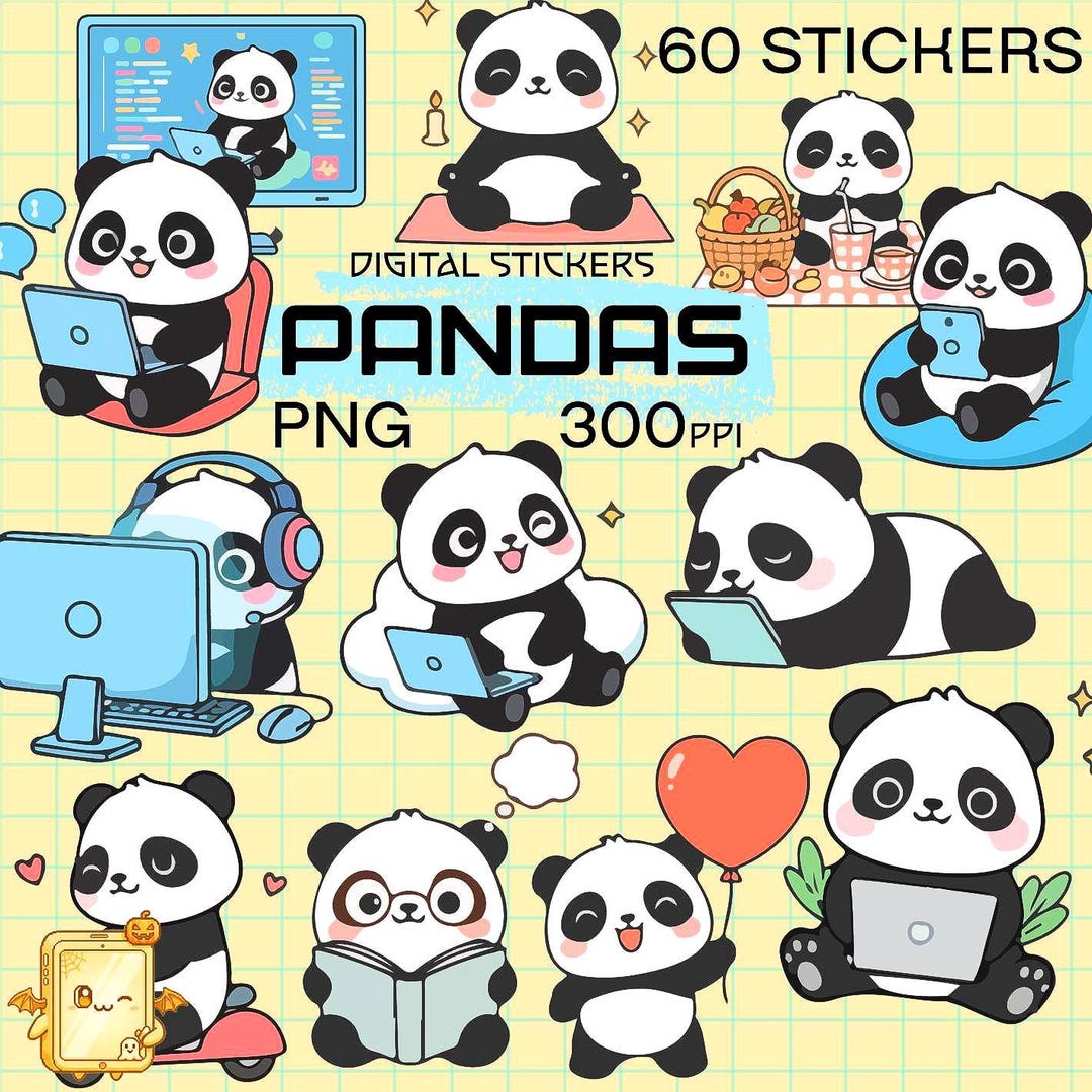 60 Kawaii Panda Stickers | Cozy Clipart Bundle (PNG Digital Download ...
