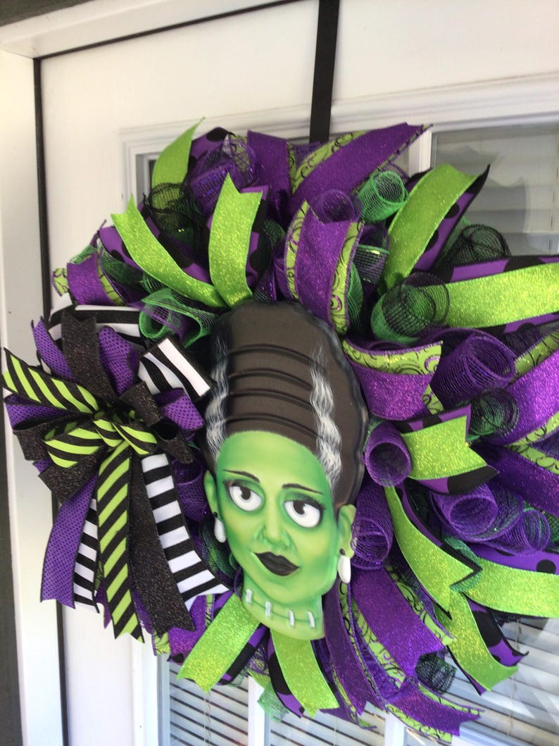 Halloween Frankenstein’s Bride Door Décor, Green, Purple & Black Mesh ...